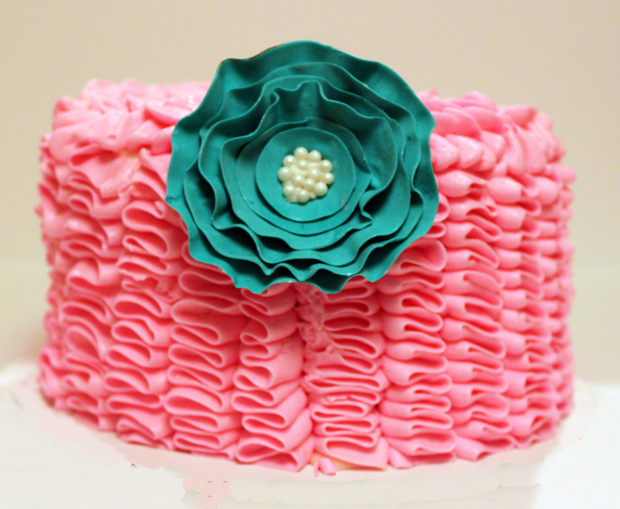 Pink Ruffles And Turquoise Flower - CakeCentral.com