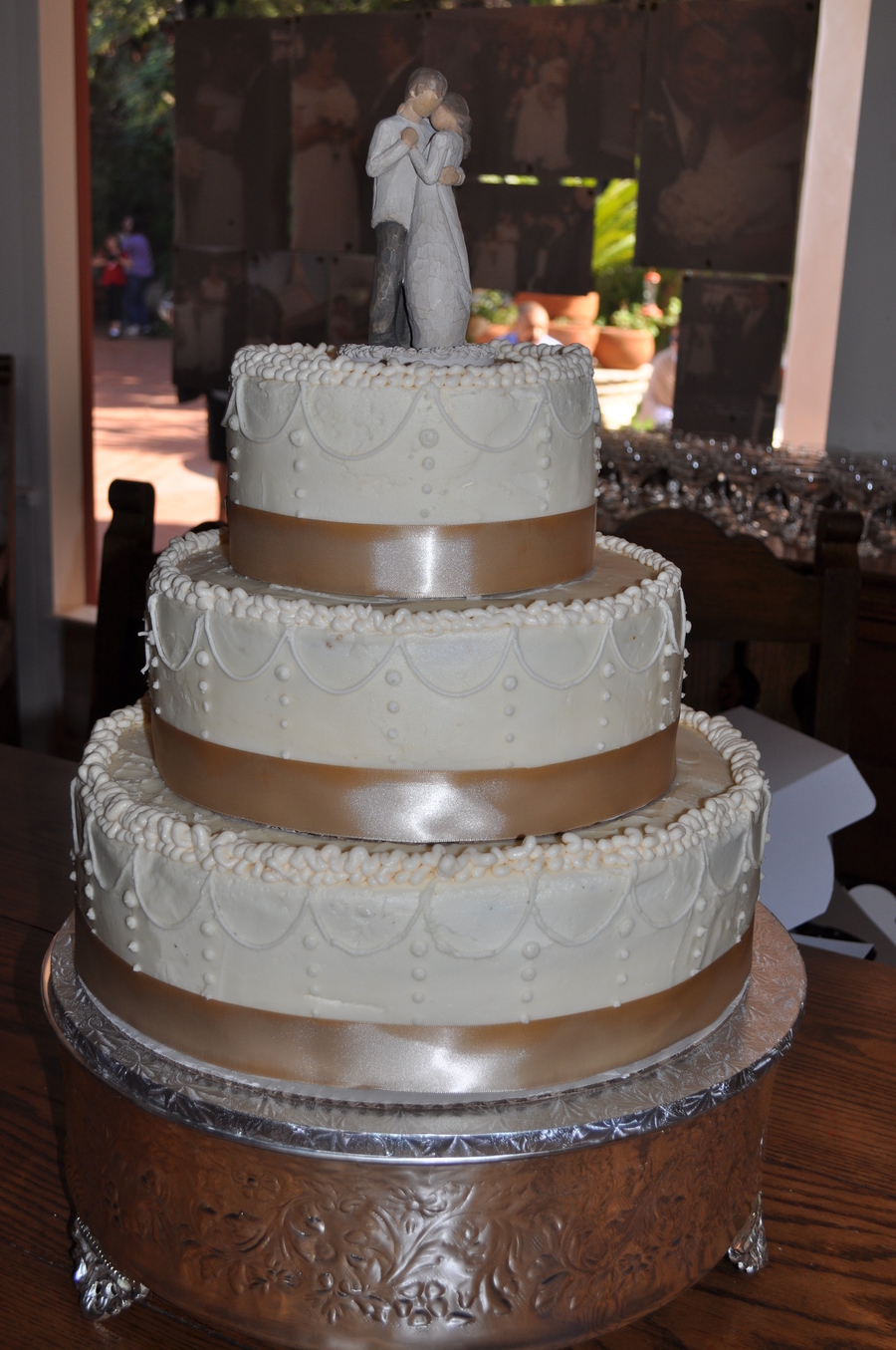 Buttercream Wedding Cake With Ivory Stringwork With Taupe Ribbon - CakeCentral.com