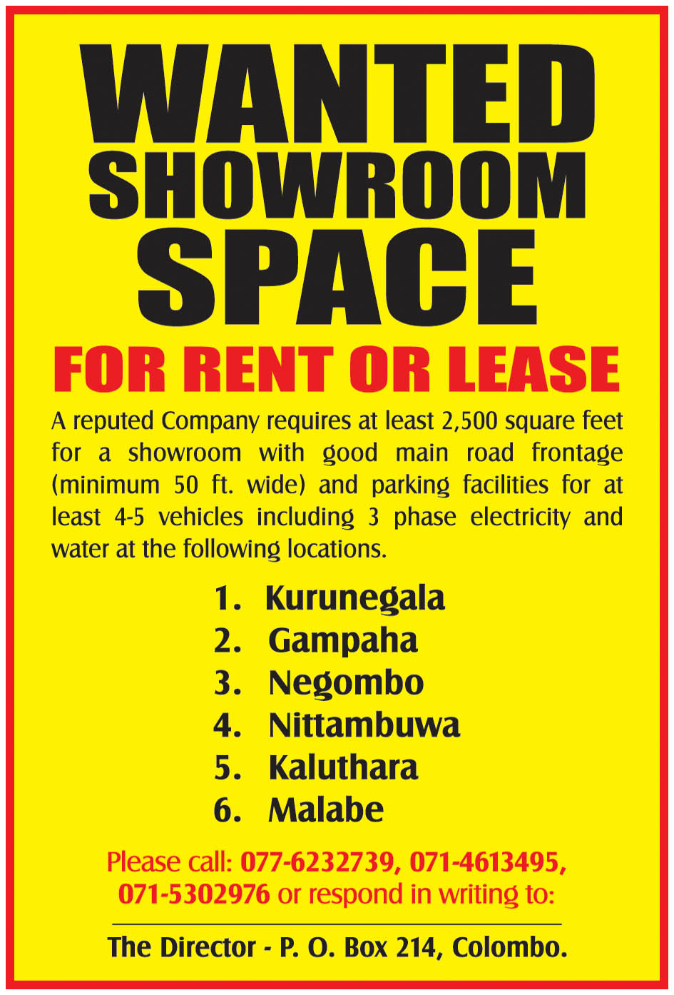 Wanted showroom space – Adz.lk – Classified Ads & Directory Listing