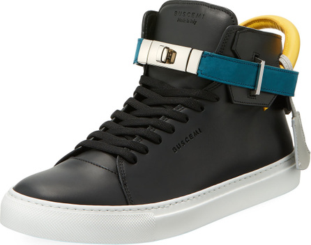Buscemi Men's 100mm Tricolor Leather Turn-Lock Mid-Top Sneaker - Luxed