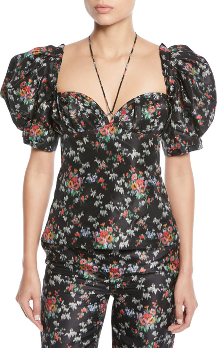 Brock Collection Trixie Sweetheart-Neck Rose-Print Silk Top - Luxed