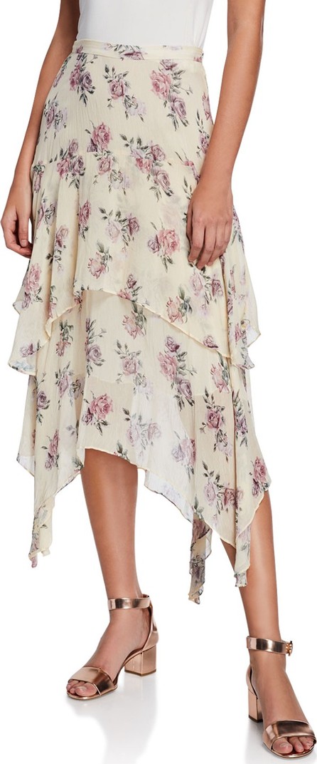 LOVESHACKFANCY Alex Tiered Silk Floral-Print Midi Skirt - Luxed