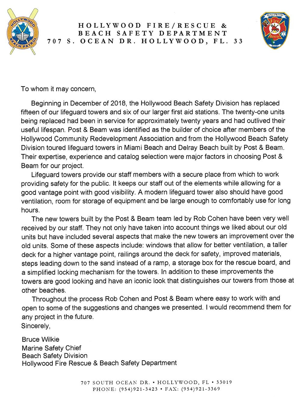 Hollywood Fire/Rescue reference letter for our LG towers | Bigbeams.com
