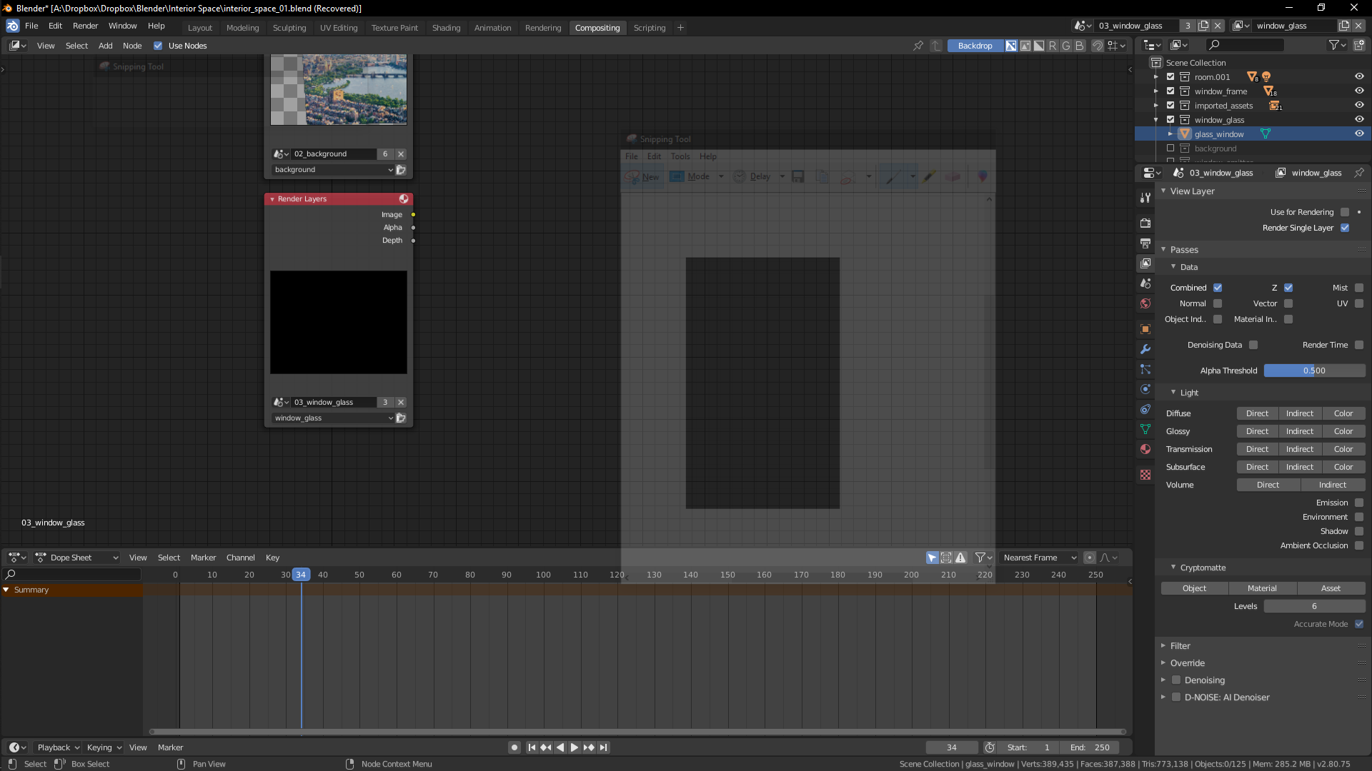 I'm able to get the window rendered right when I render in the viewport ...