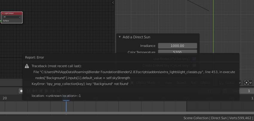 Extra Lights panel error from python script after adding Sun - CG Cookie