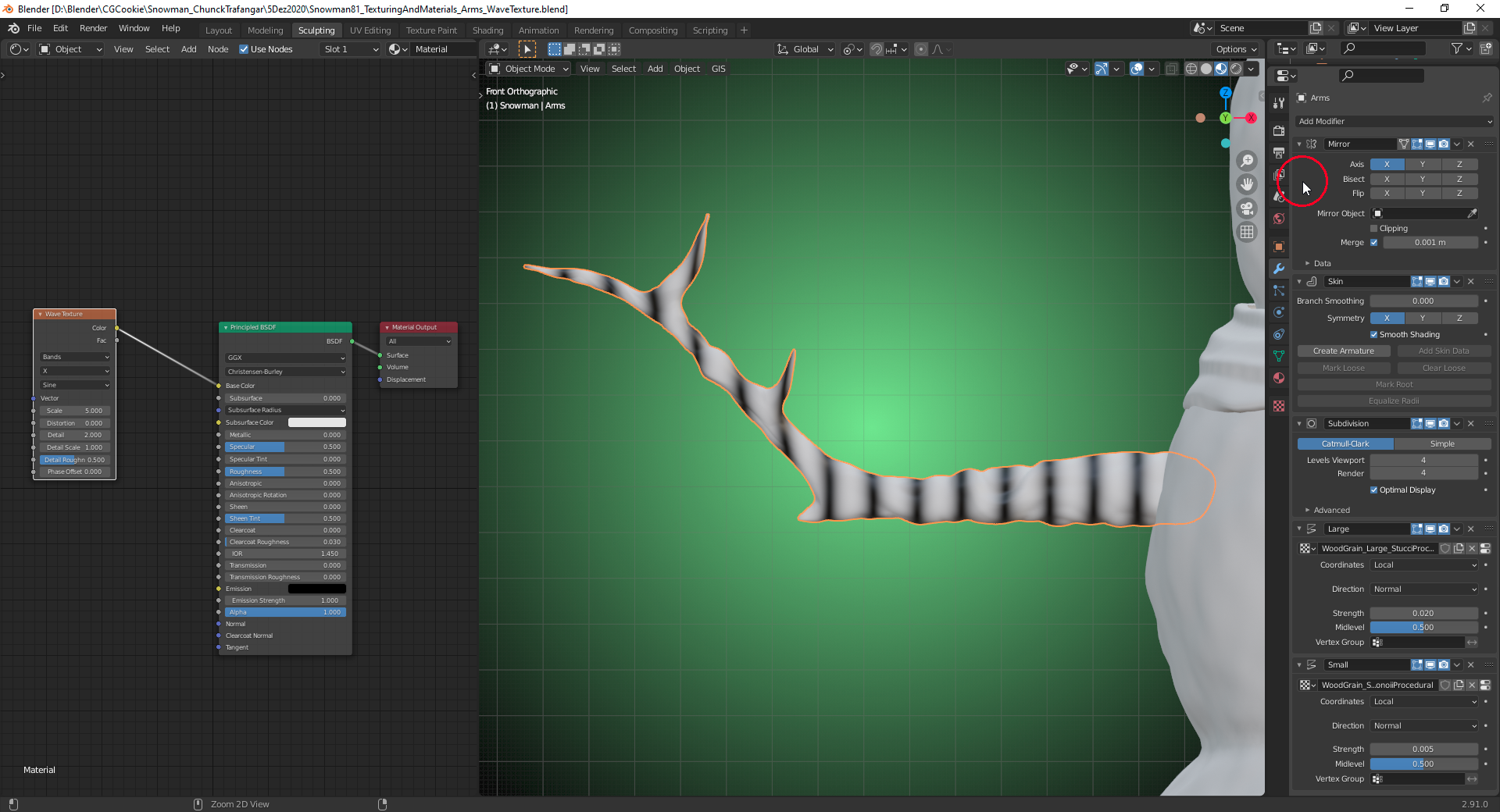 No problems of "Wave Texture" with "Mirro Modifier" and "Skin Modifier ...