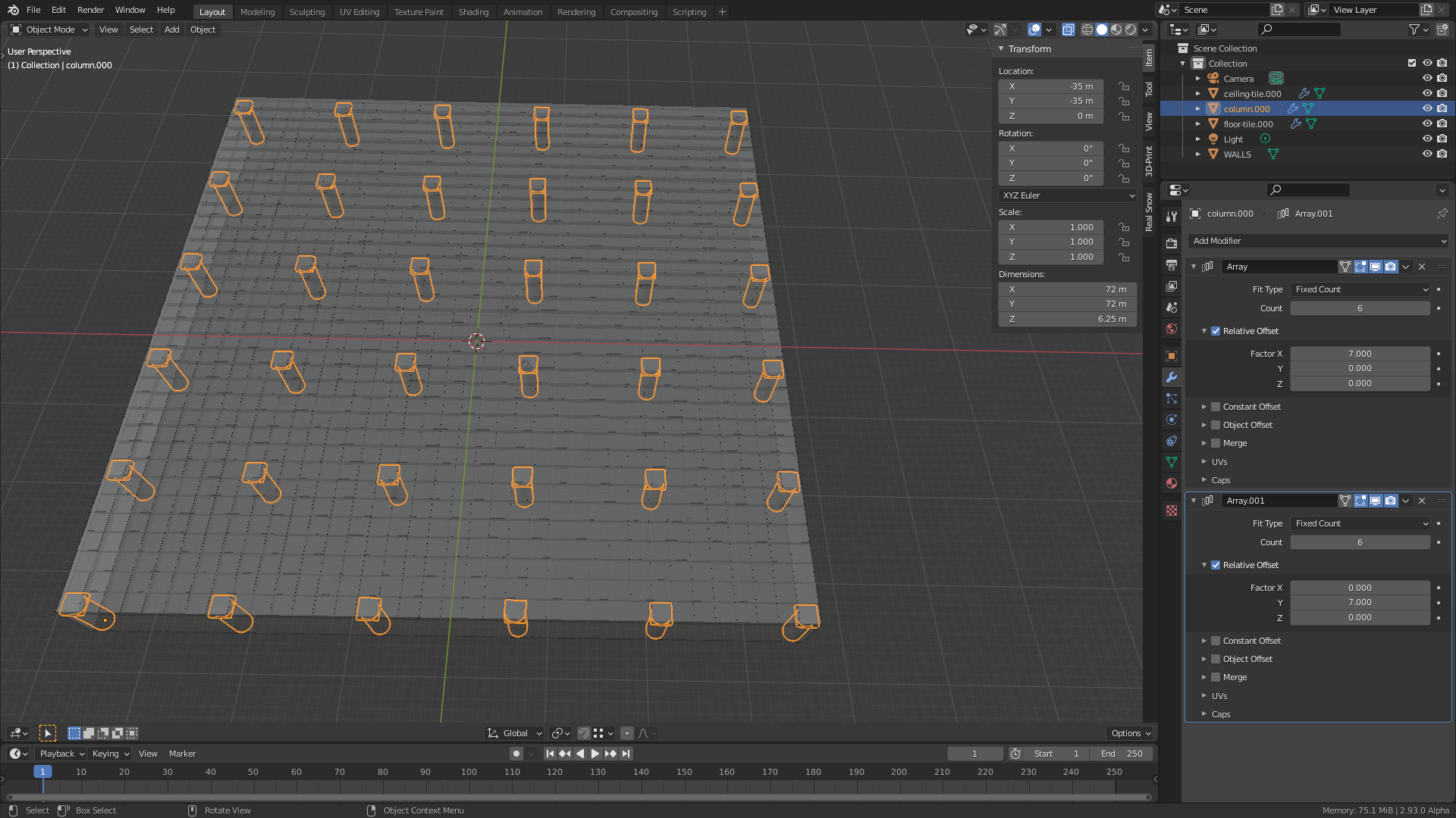 How many squared Columns can be arranged on a squared Parking Level using the "Array Modifier ...