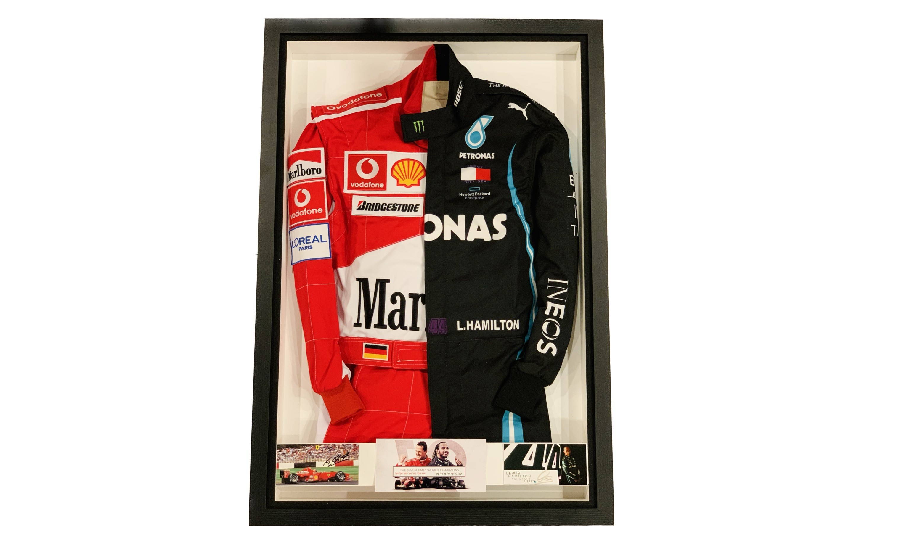Display replica tute corsa Schumacher e Hamilton - Autografato ...