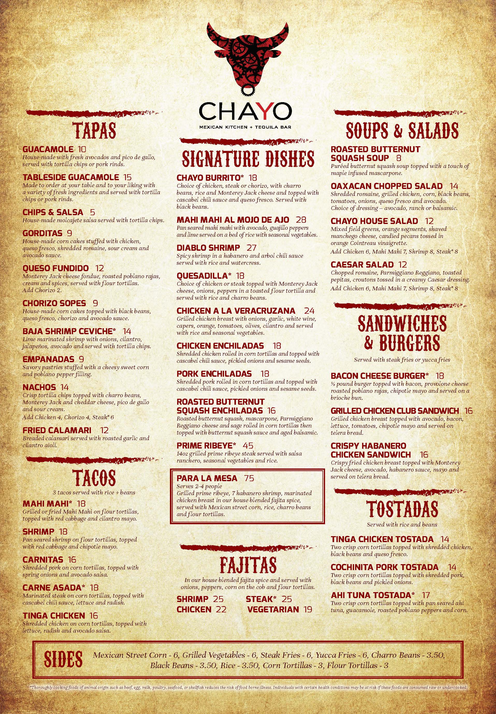 Food Menu | Chayo Mexican Kitchen and Tequila Bar