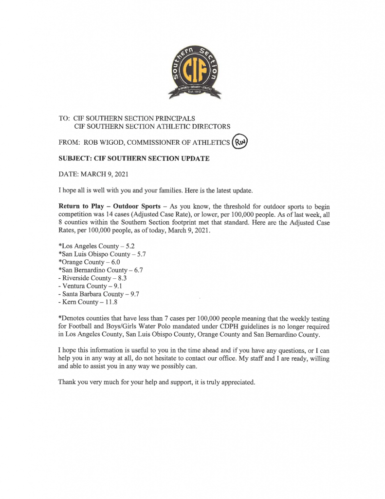 CIF Southern Section Update: March 9, 2021 - CIF Southern Section