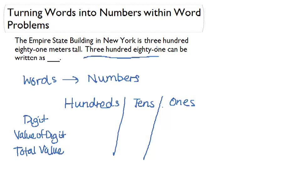 Turning Words into Numbers within Word Problems (Place Values to 1,000) ( Video ) | Arithmetic ...