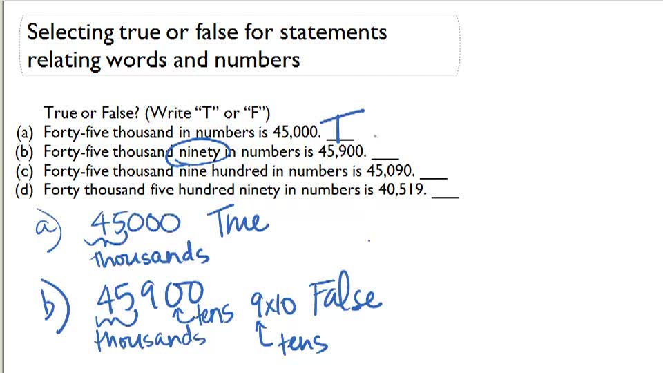 Selecting True or False for Statements Relating Words and Numbers ...