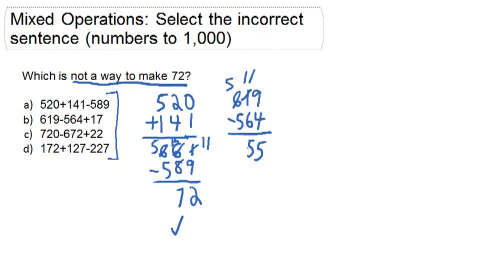 Mixed Operations: Selecting the Incorrect Sentence (Numbers to 1,000 ...