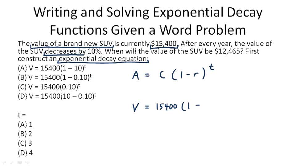 Exponential Decay Word Problems Worksheet