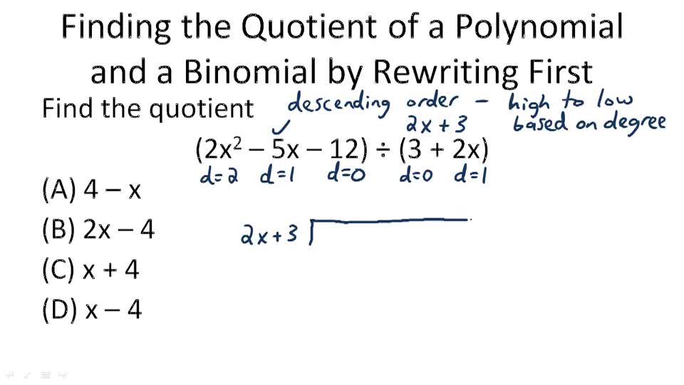 Dividing Polynomials by Rewriting First - Example 1 ( Video ) | Algebra ...