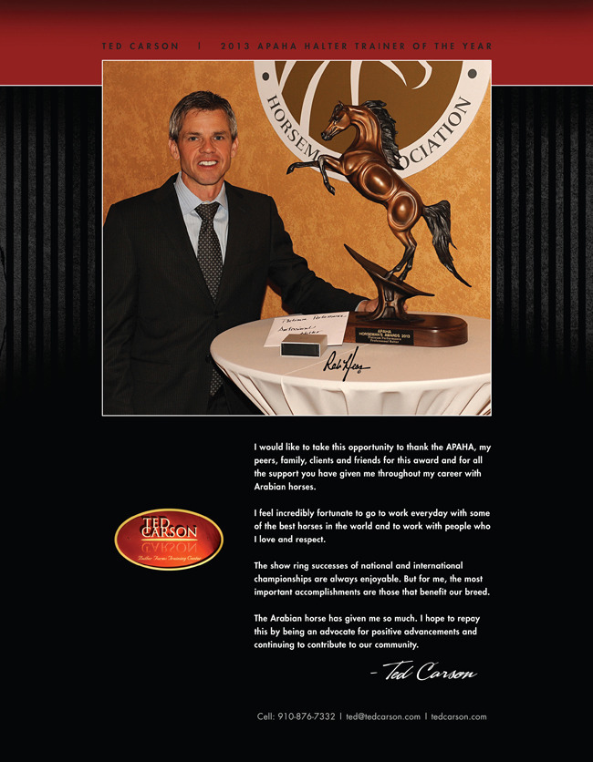 Ted Carson Awarded APAHA Halter Trainer of the Year :: Ted Carson Arabians