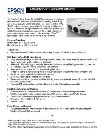 Epson PowerLite® Home Cinema 3010/3010e | Epson US