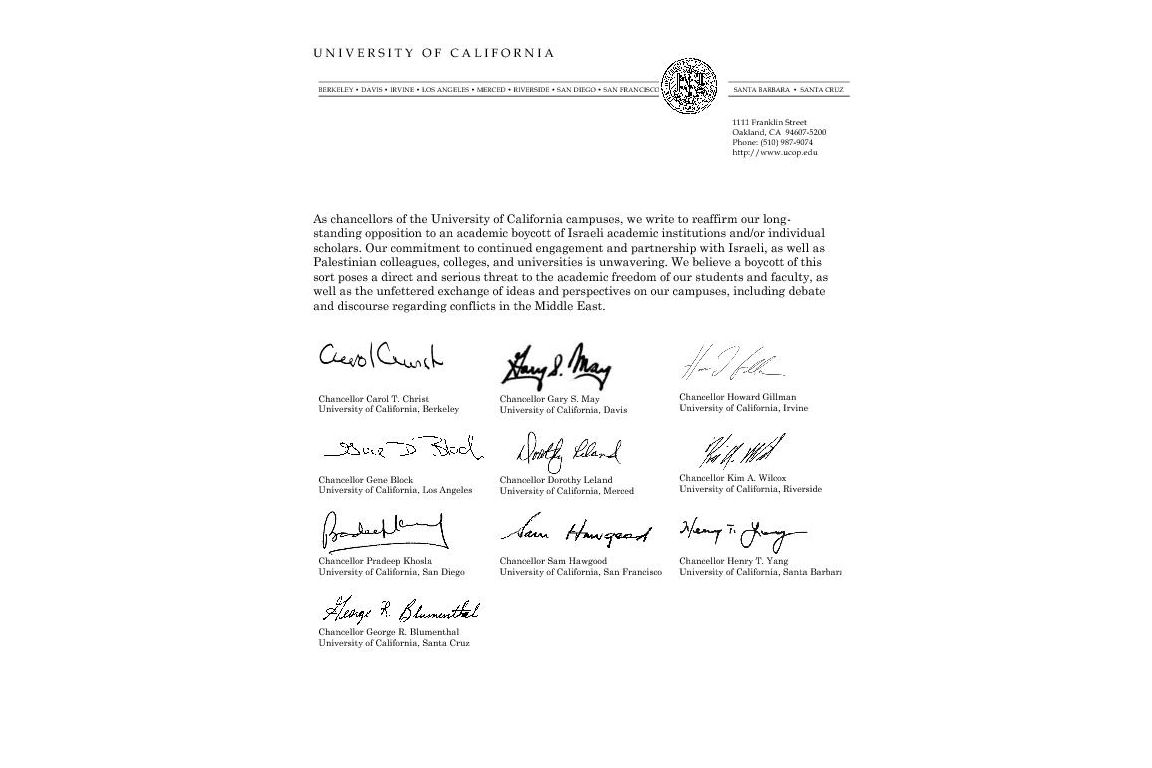 University of California position on boycott of Israel | UCLA