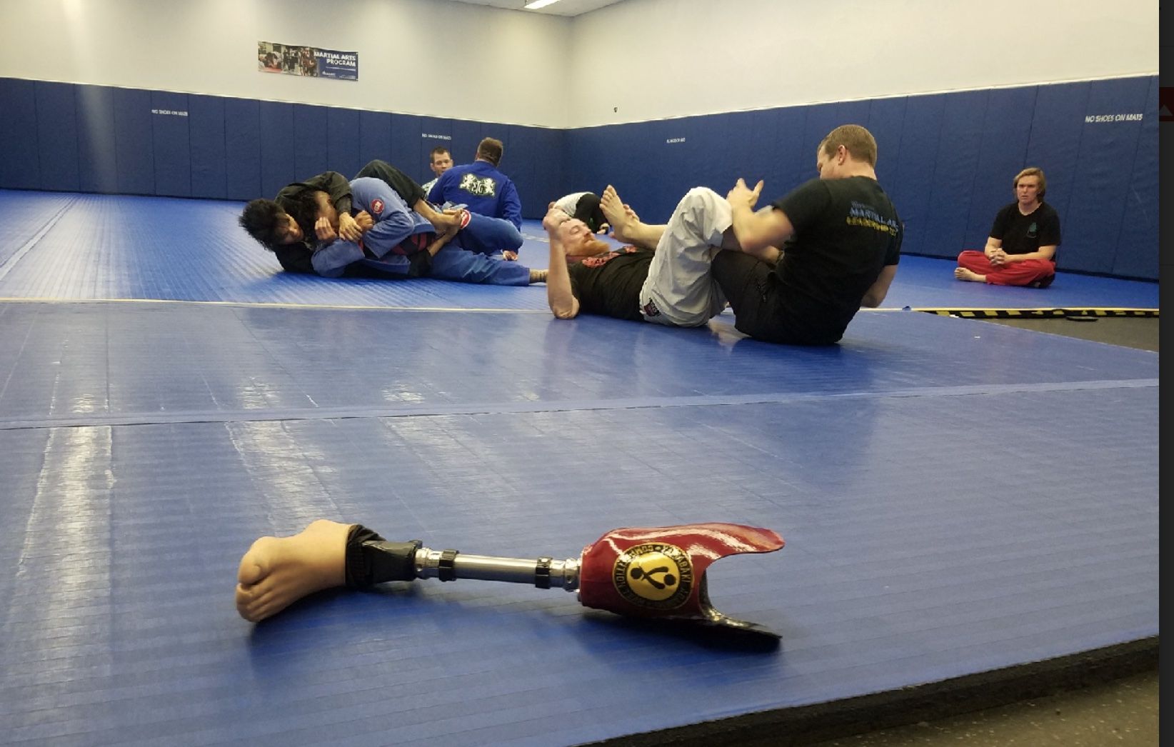Photo | Three pairs of people training on mat in para-jiujitsu, with ...