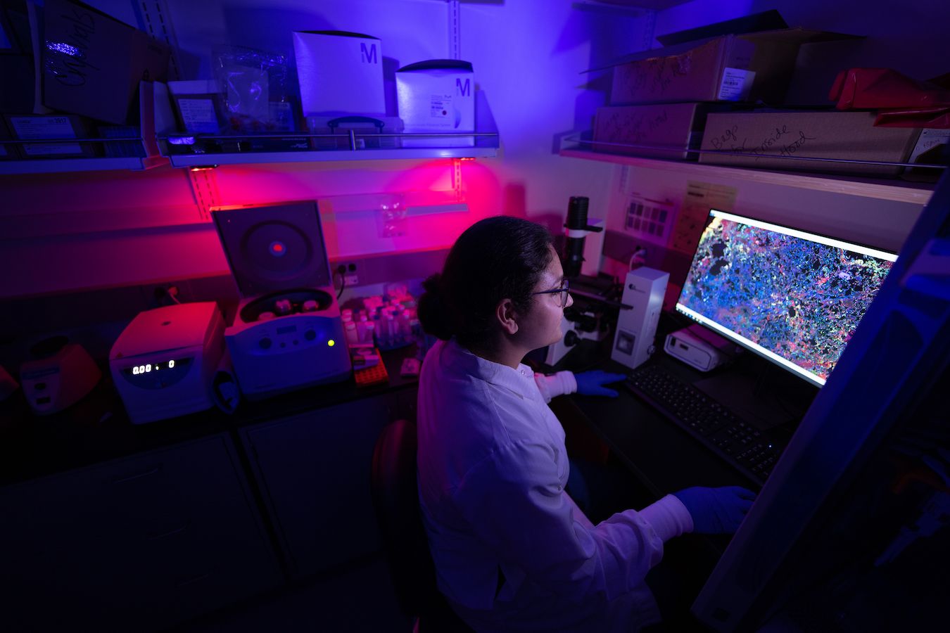 Photo | Researcher in white lab coat and gloves works at computer with ...
