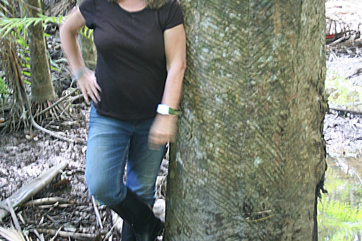 Photo | Susanna Hecht standing next to a tree in the Amazon. | UCLA