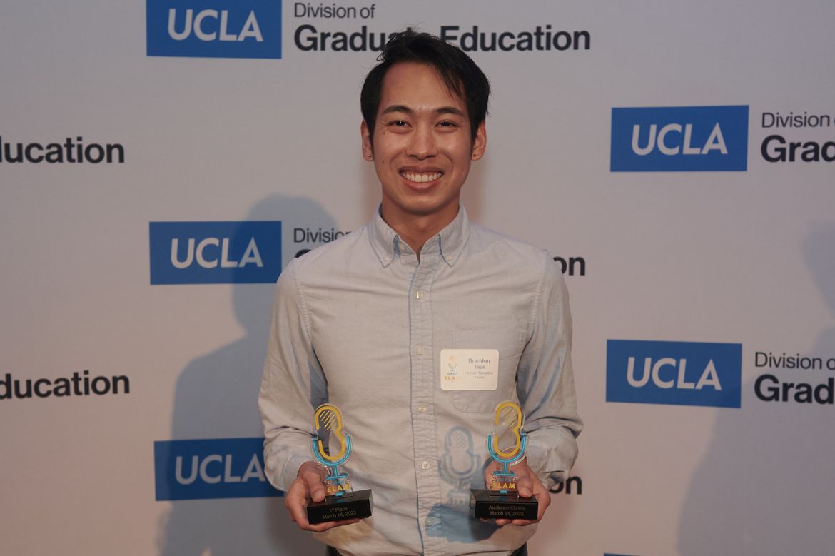 Photo | Brandon Tsai with Grad Slam trophies | UCLA