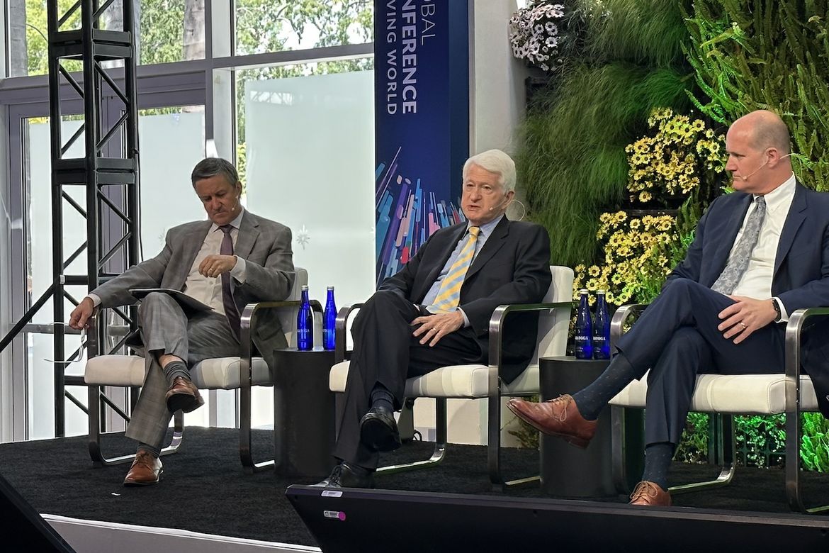 Photo | UCLA Chancellor Gene Block sits on stage between moderator ...