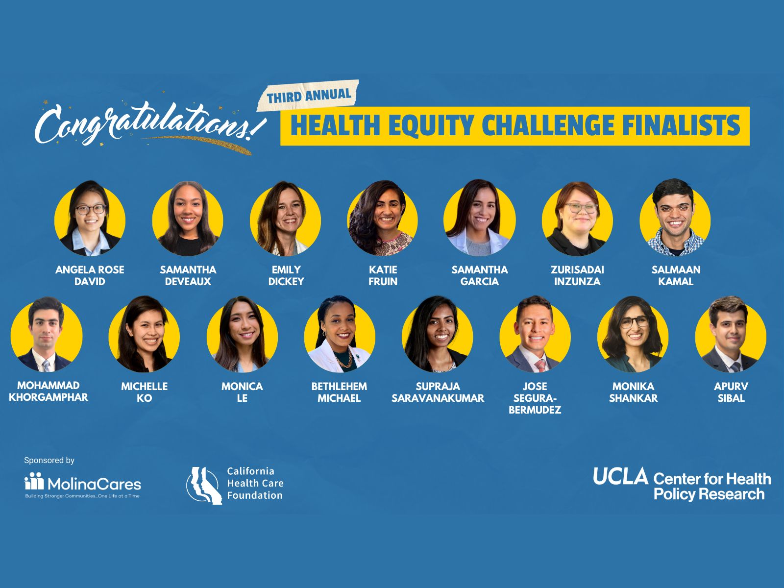 Photo | Headshots of the 15 Health Equity Challenge finalists on blue ...