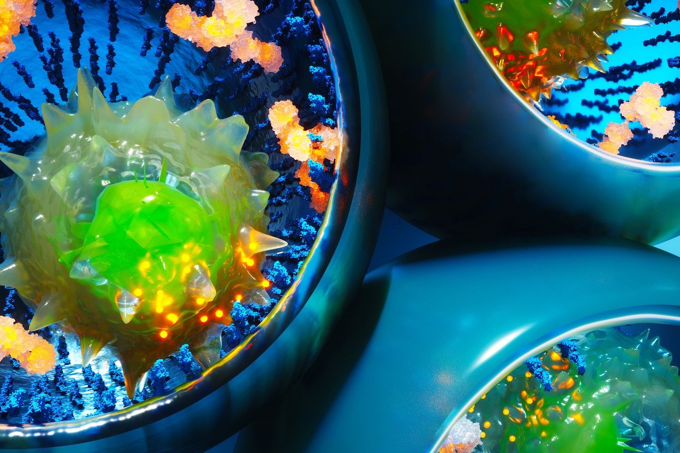 Photo | Rendering of T cells interacting with nanovials | UCLA