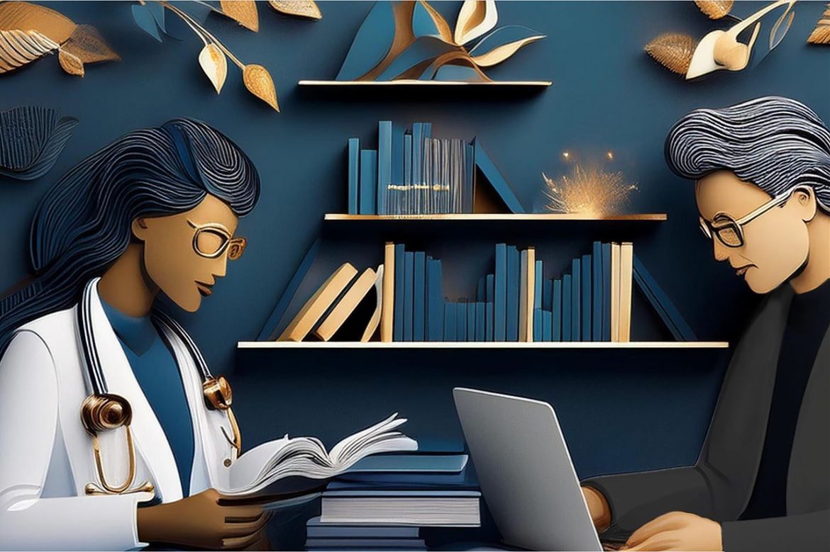 Photo | Woman in lab coat and man on laptop with a stock of books ...