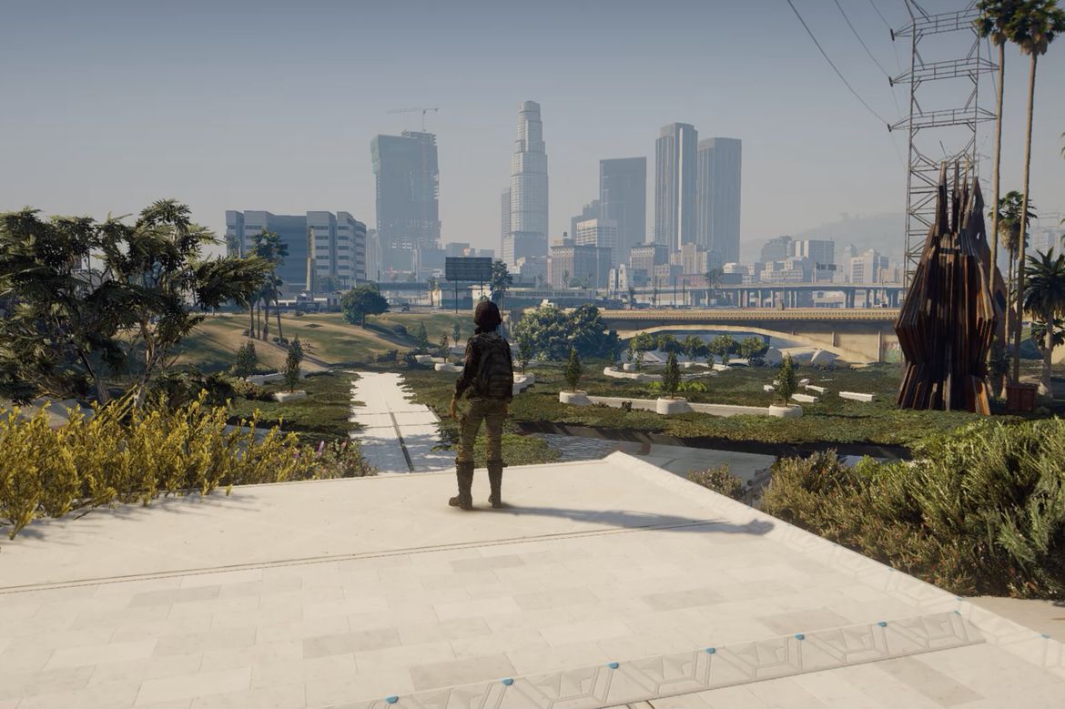 Photo | “Grand Theft Eco” character overlooking Los Angeles | UCLA