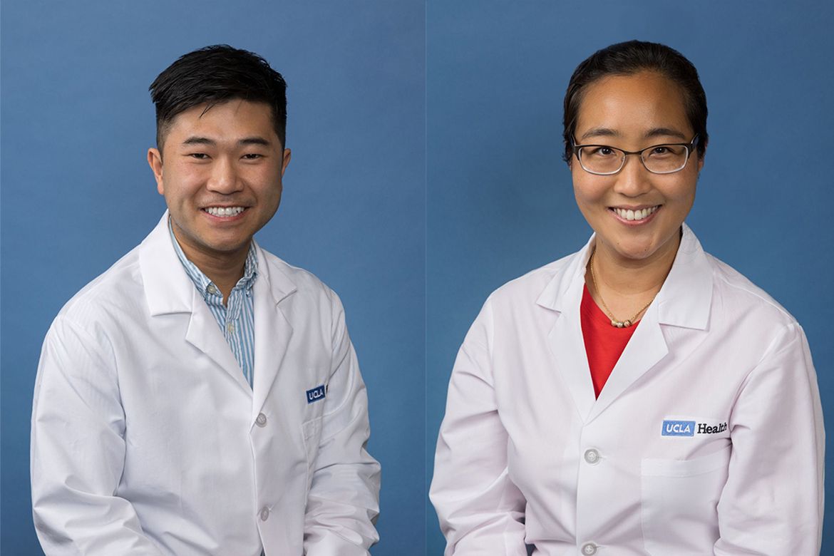 Photo | Zhen Mei, left, and Vivian Chang in white coats | UCLA