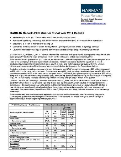 HARMAN Reports First Quarter Fiscal Year 2014 Results | HARMAN