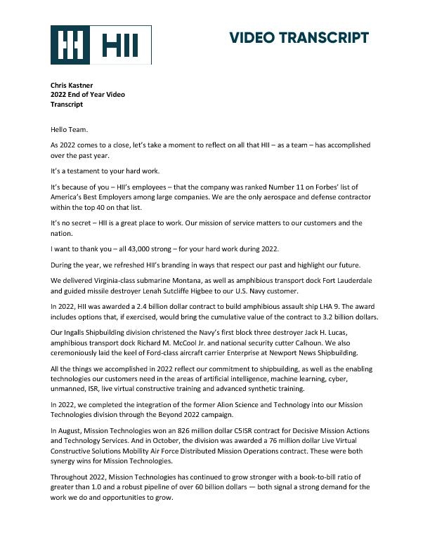 Document | Chris Kastner 2023 End of Year Video Transcript | HII News