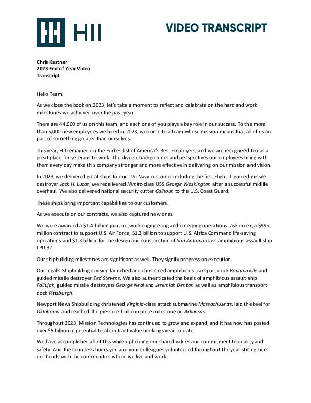 Document | Chris Kastner 2023 End of Year Video Transcript | HII News