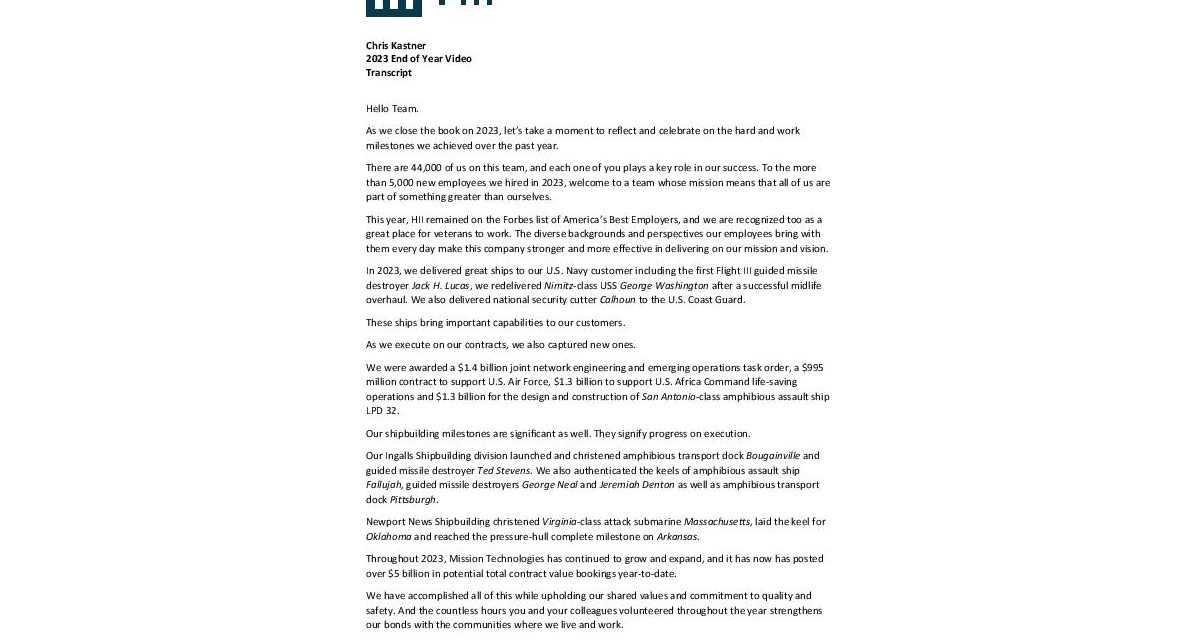 Document | Chris Kastner 2023 End of Year Video Transcript | HII News