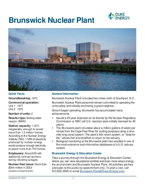 Document | Brunswick Nuclear Plant Fact Sheet | Duke Energy | News Center