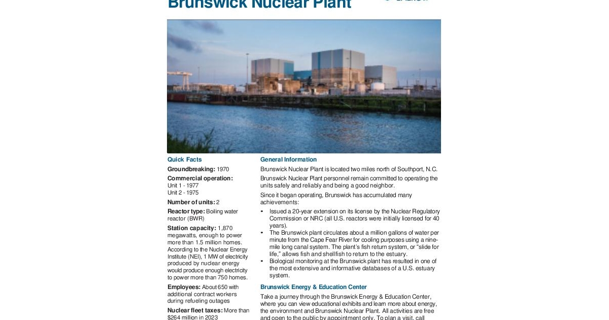 Document | Brunswick Nuclear Plant Fact Sheet | Duke Energy | News Center