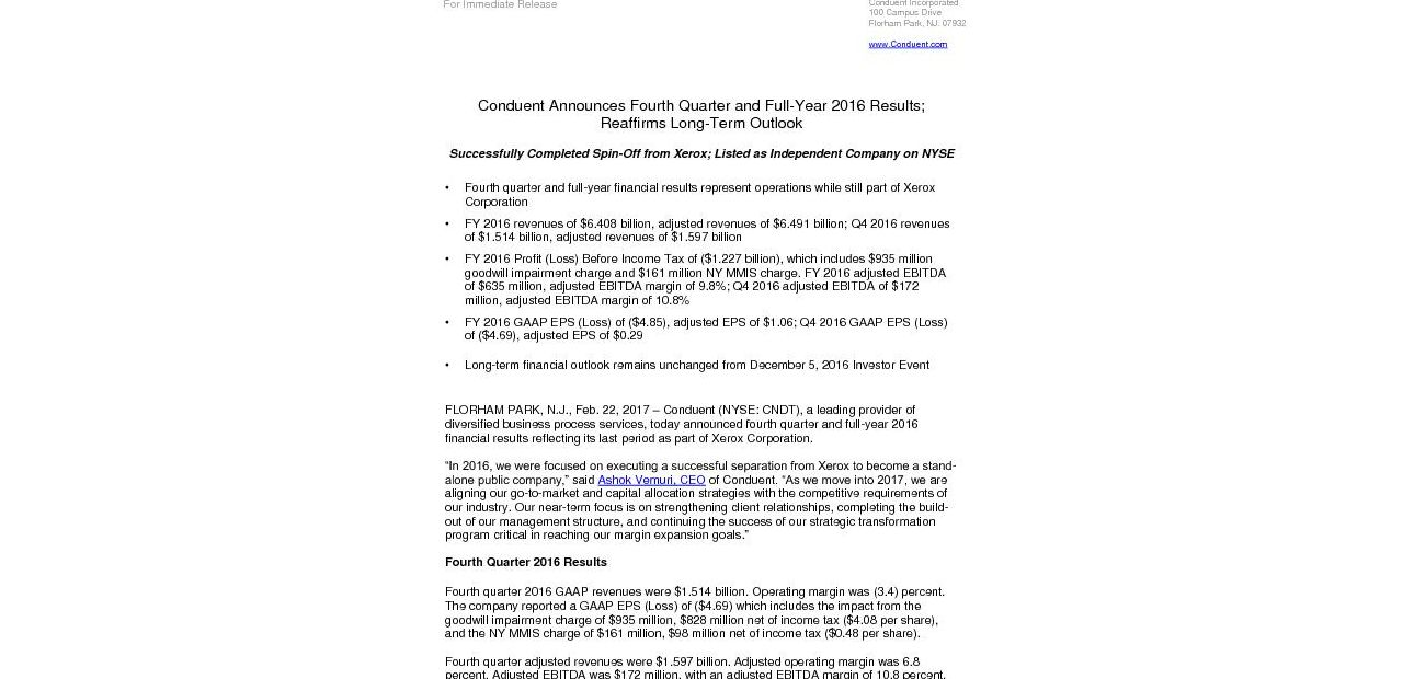 Conduent Announces Fourth Quarter and Full-Year 2016 Results; Reaffirms ...