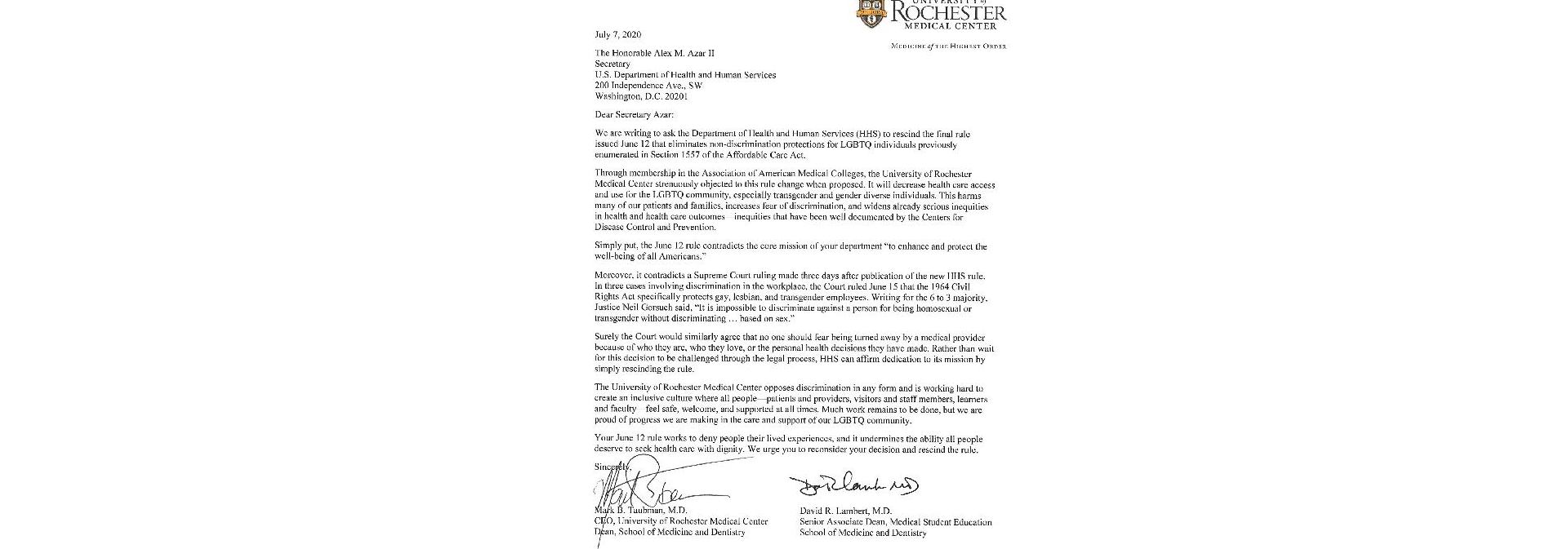 Document | Letter-to-Azar-re-LGBTQ-rights-07-07-2020 | URMC Newsroom