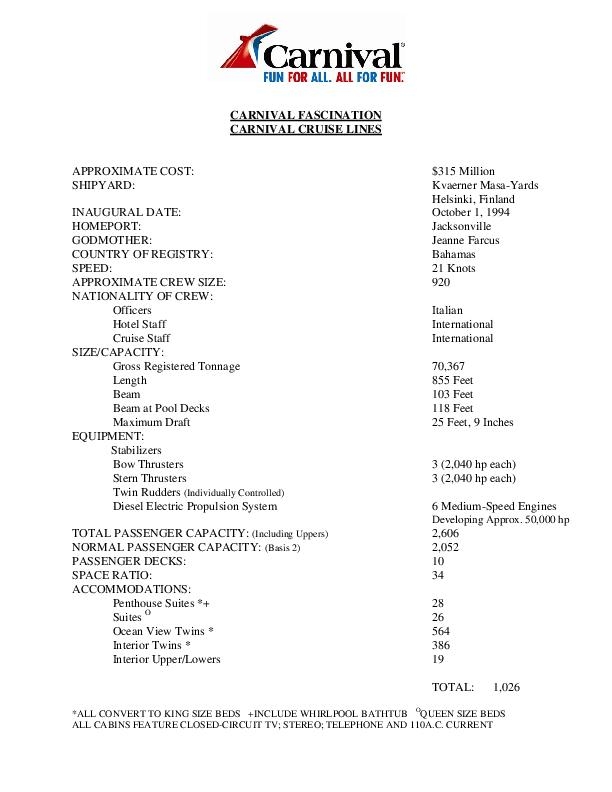 Document | Fascination Fact Sheet | Carnival Cruise Line