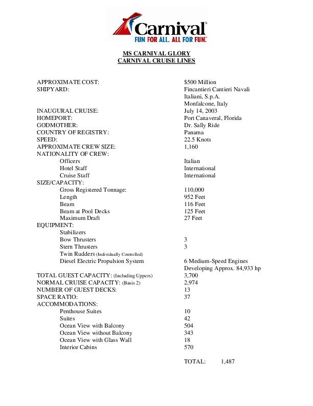 Document | Glory Fact Sheet | Carnival Cruise Line
