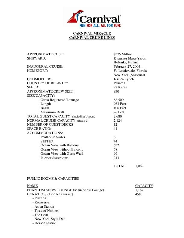 Document | Miracle Fact Sheet | Carnival Cruise Line