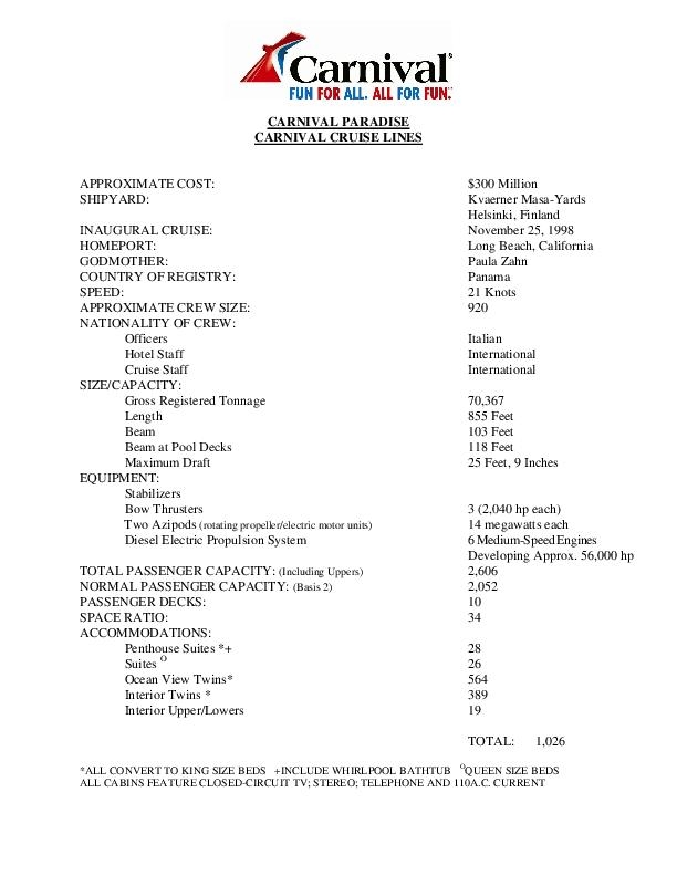 Document | Paradise Fact Sheet | Carnival Cruise Line