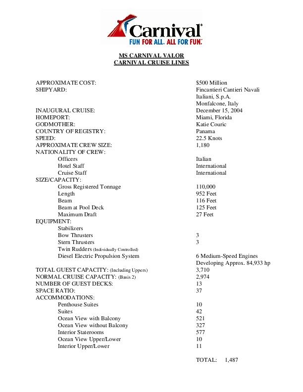 Document | Valor Fact Sheet | Carnival Cruise Line