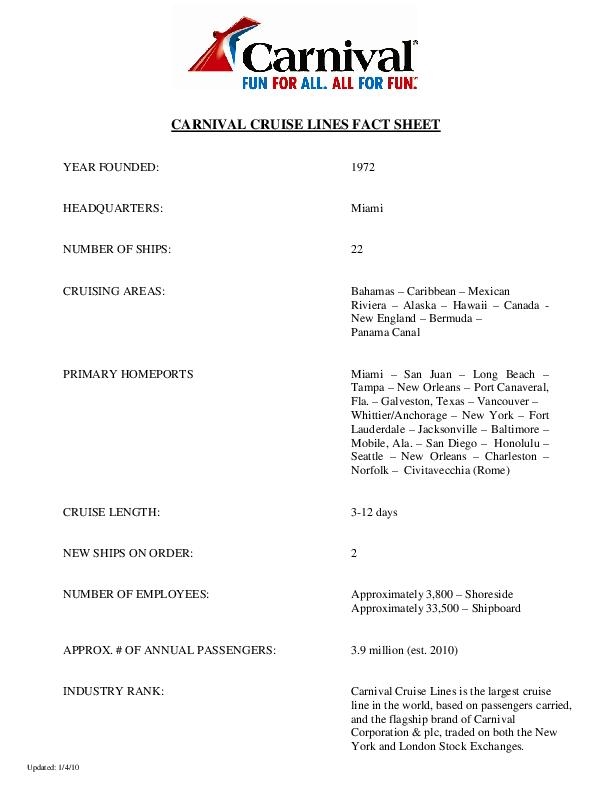 Document | CCL Fact Sheet | Carnival Cruise Line