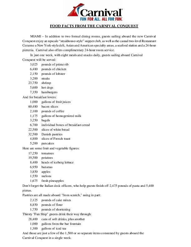 Document | Conquest Food Facts 2010 | Carnival Cruise Line