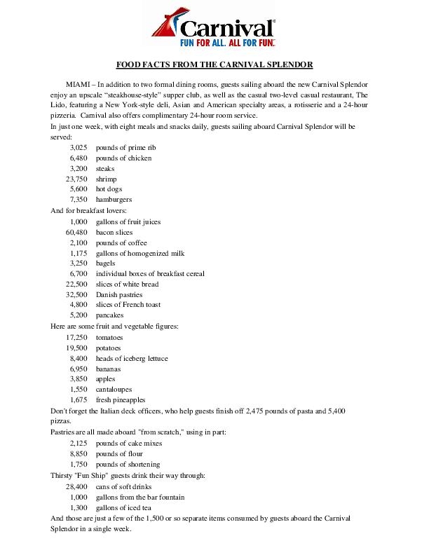 Document | Splendor Food Facts 2010 | Carnival Cruise Line