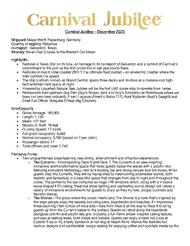 Document | Carnival Jubilee Fact Sheet | Carnival Cruise Line