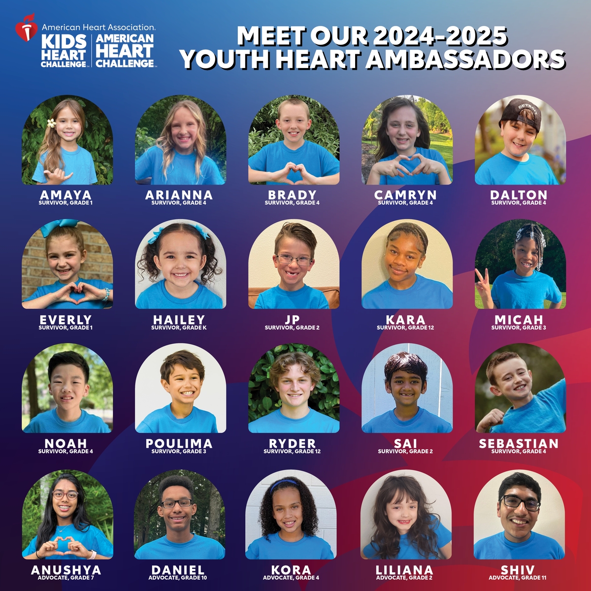 20 students, K to 12th grade, selected nationwide American Heart ...